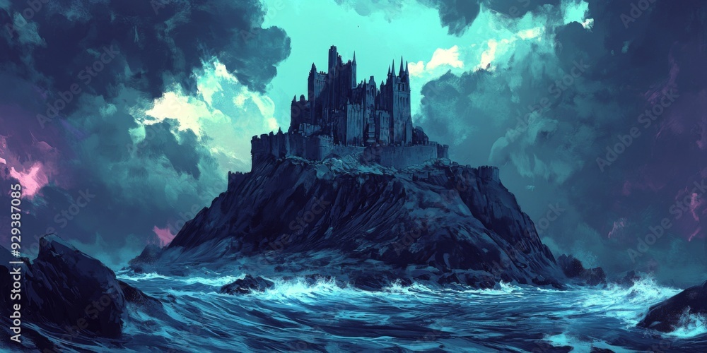 Dark Enchanted anime-style Medieval Castle on a Hill Surrounded by a ...
