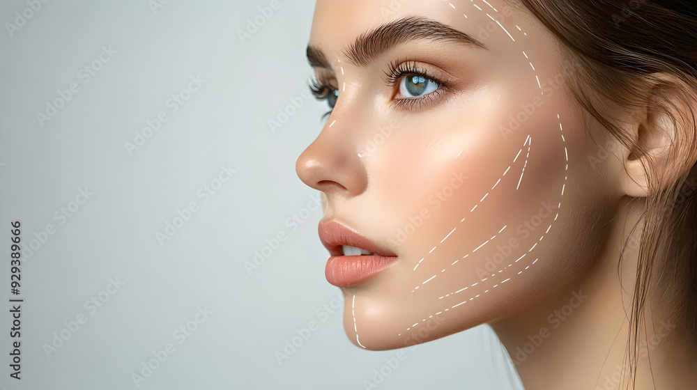 Side profile of a woman with cosmetic surgery lines drawn on her face ...