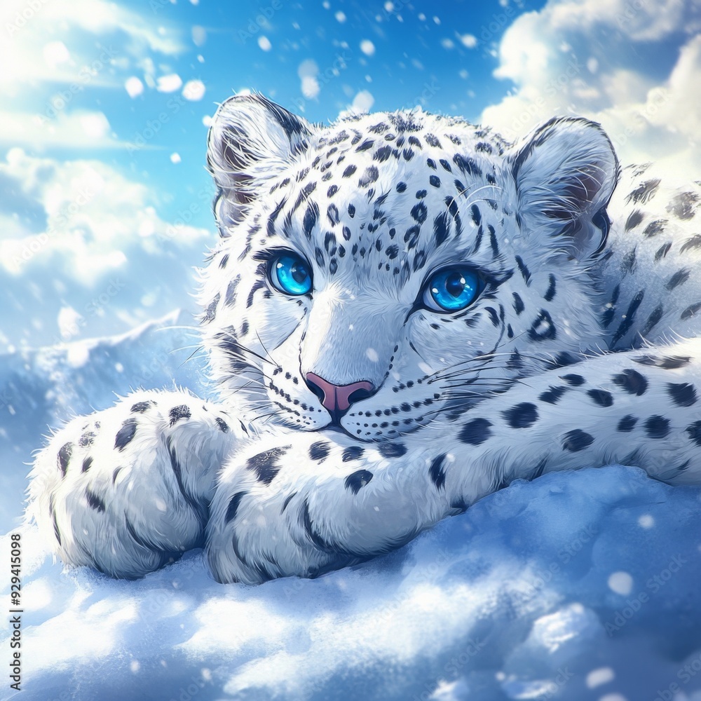Enchanted anime-style Snow Leopard on Winter's White Snow: A Majestic ...