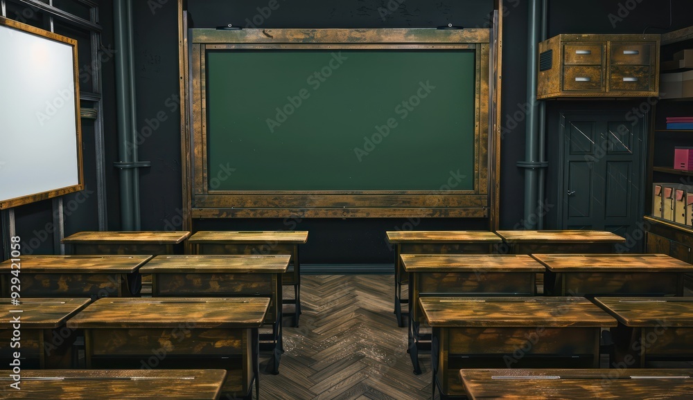 Virtual rendering of an old classroom, green chalkboard, wooden desks ...