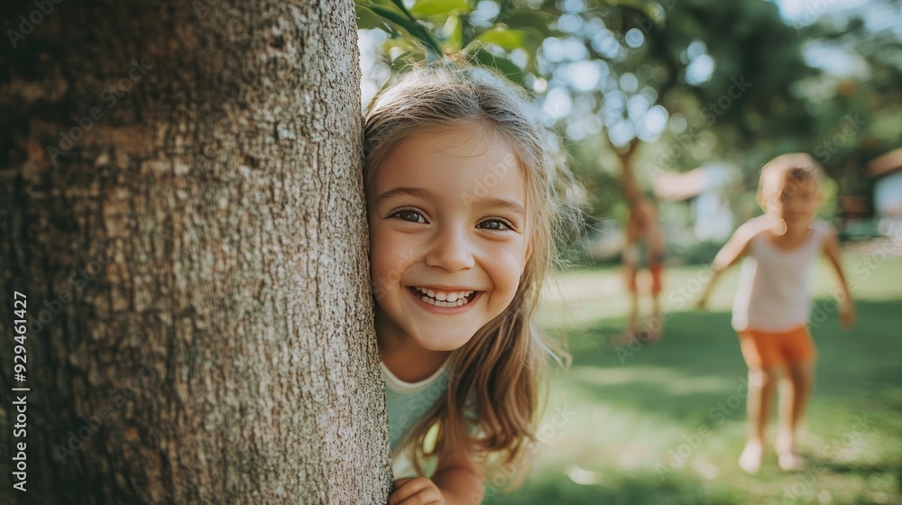 Girl playing hide-and-seek with her siblings in a large backyard ...