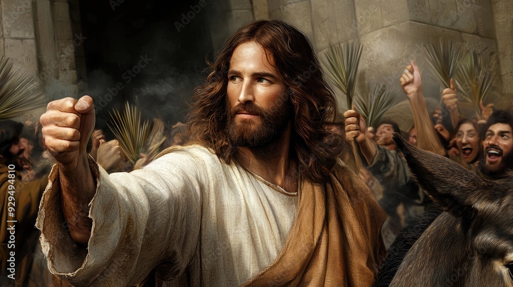 Palm Sunday procession: Jesus Christ enters Jerusalem on donkey ...