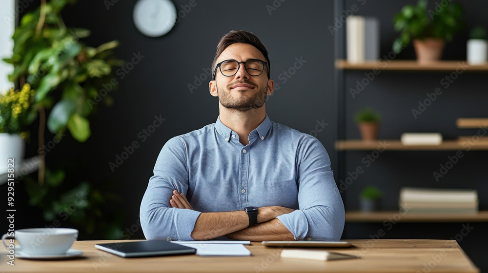 A man sits at his desk with eyes closed, arms crossed, looking relaxed ...