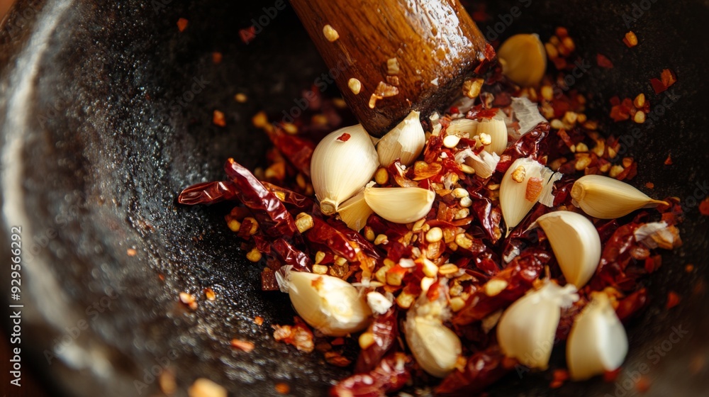 A macro shot of crushed garlic cloves mixed with sliced red chilies in ...