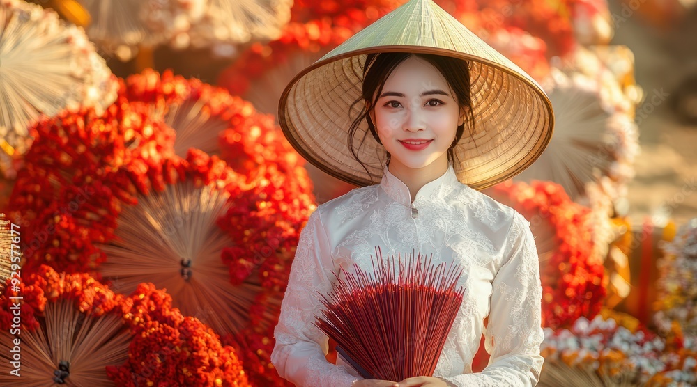 Picture a young woman wearing an elegant white ao dai, a traditional Vietnamese costume, and a ...