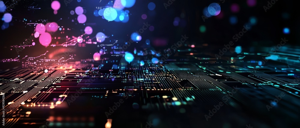 Techno grid with futuristic circuit designs and luminous highlights ...