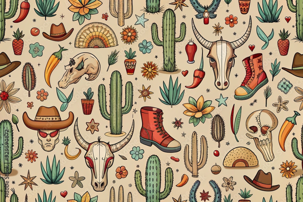 Rustic western outline elements form a seamless pattern featuring ...
