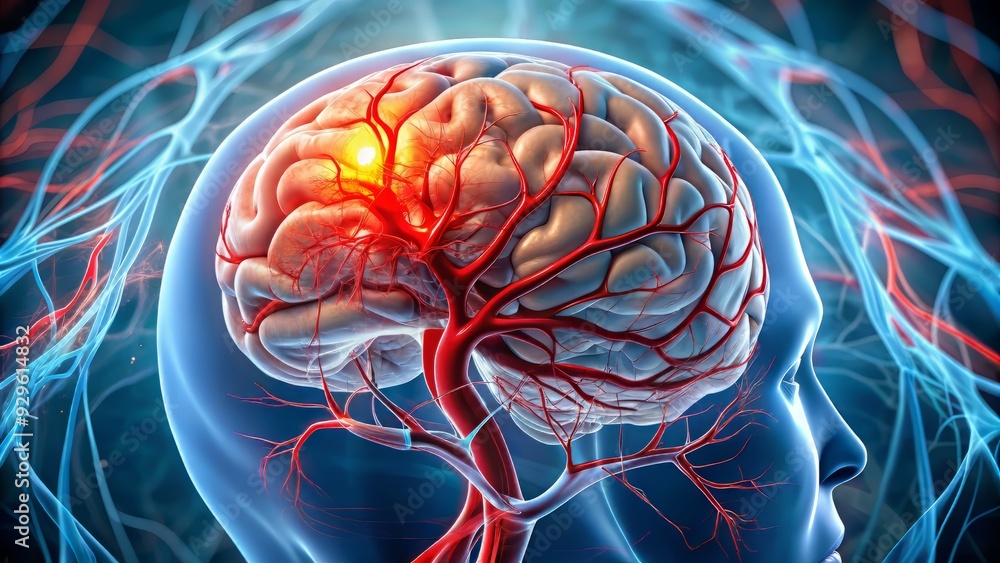 Close-up of a brain illustration showing ischemic stroke effects, with ...