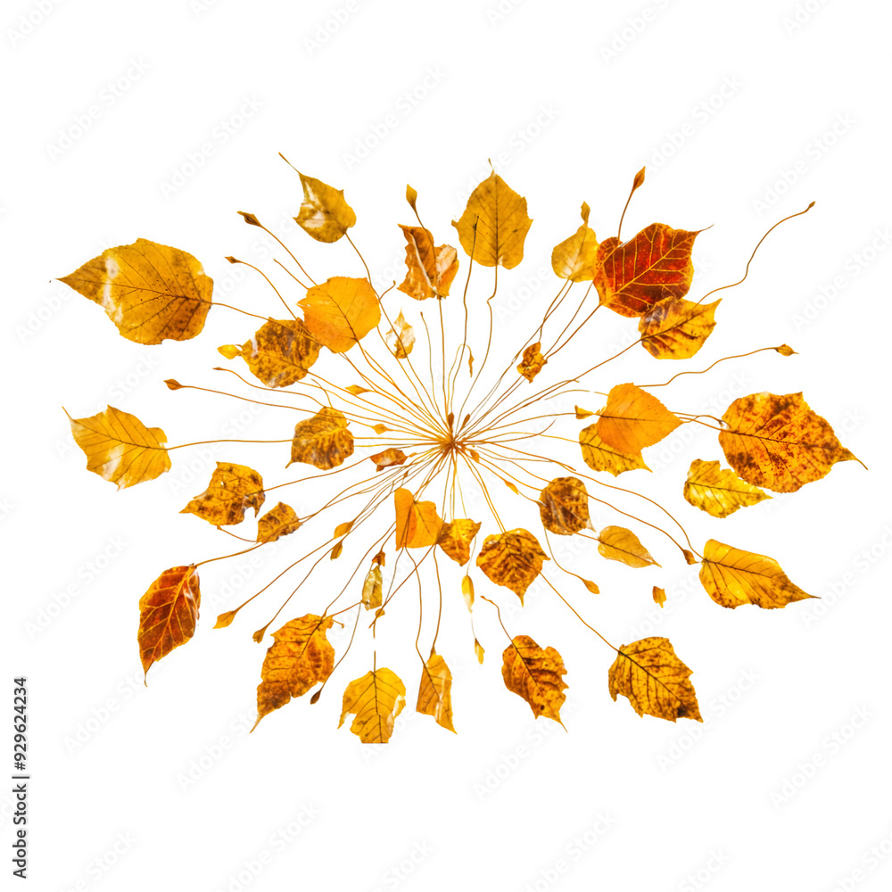 Golden autumn leaves in a starburst arrangement on a transparent ...
