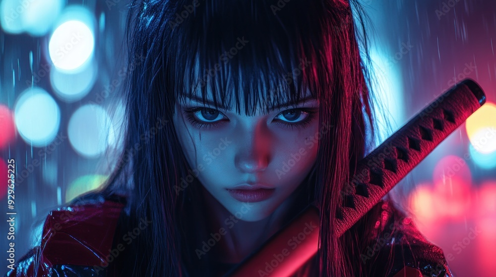 Female samurai ninja asian cyberpunk anime style assassin cute face ...