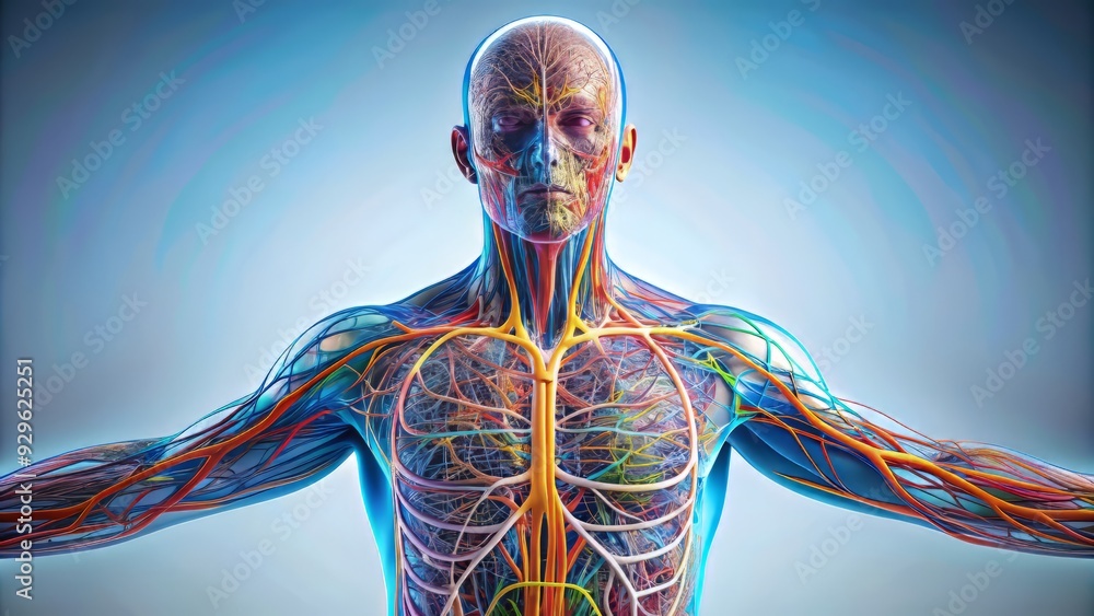 Colorful illustration of human body outline with intricate networks of ...