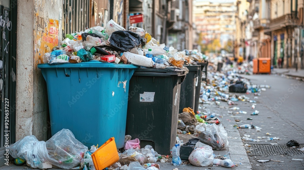 Urban street corner with overflowing trash bins and litter ...