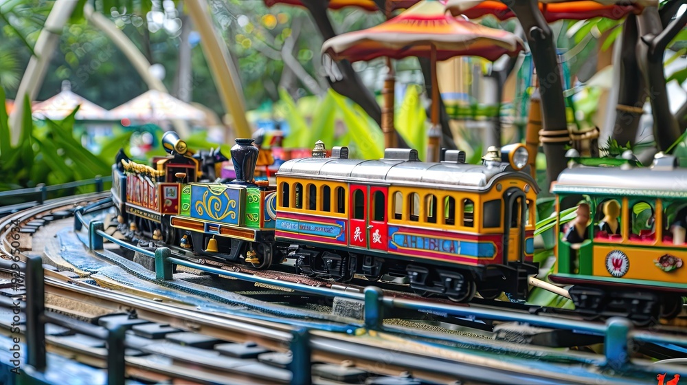 Miniature train ride in amusement park with children on board. Colorful ...