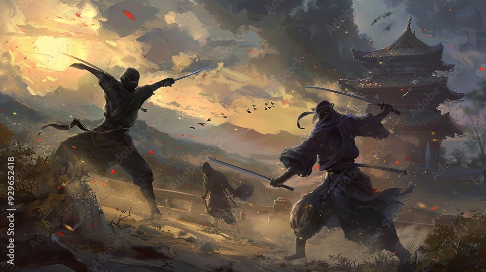 Two ninjas engaged in a fierce sword fight in a bamboo forest. Intense ...