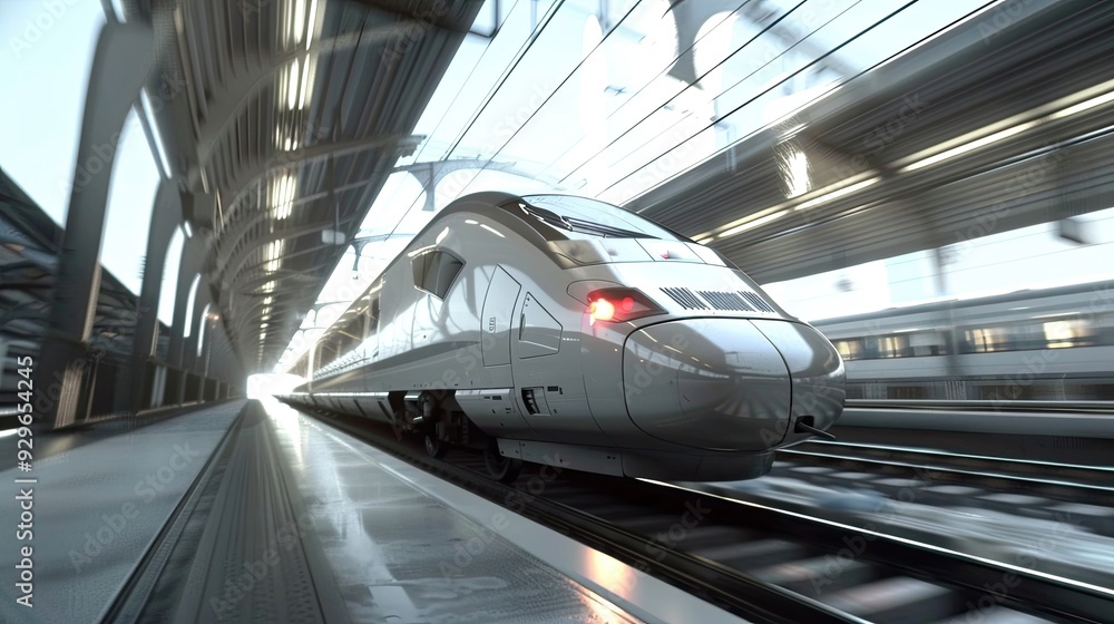 High-speed train arriving at modern train station with glass roof ...