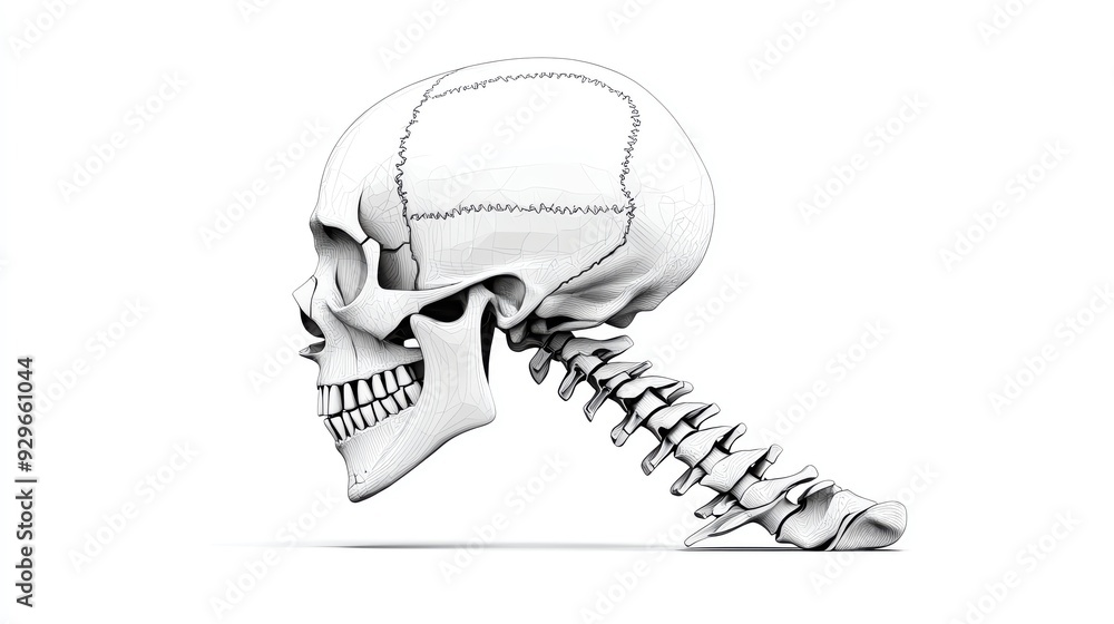 Detailed anatomical illustration of a human skull and spine, showcasing ...