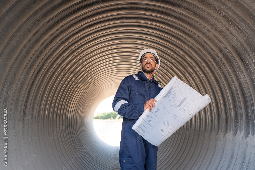 Young mechanical engineer holding blueprint drawing to checking and ...