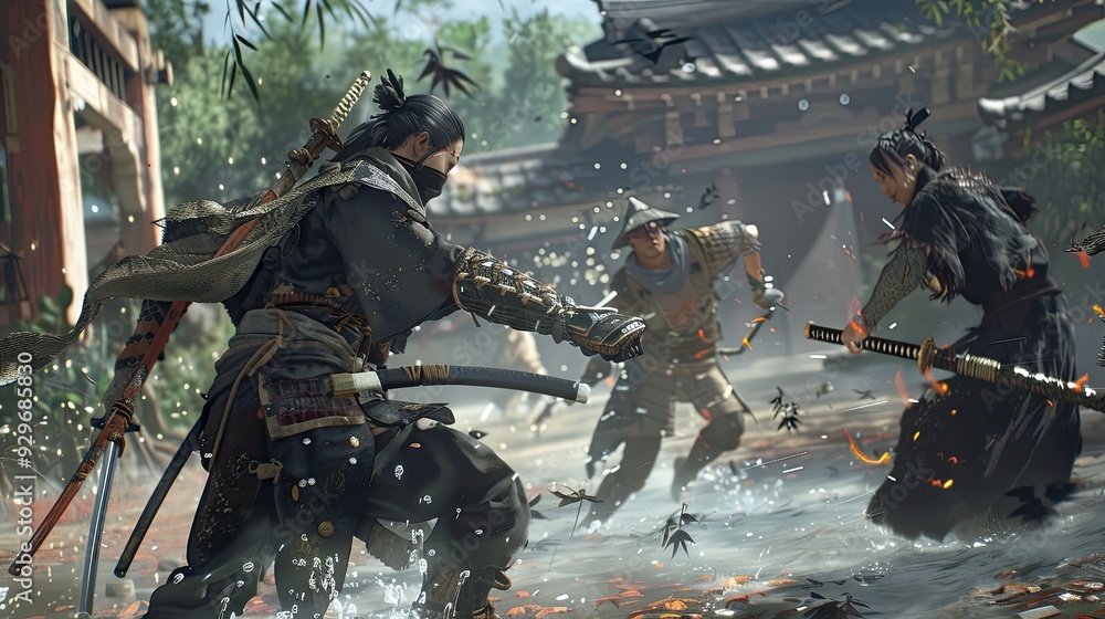 Two ninjas engaged in a fierce sword battle under the moonlight. Dramatic fight scene with ...