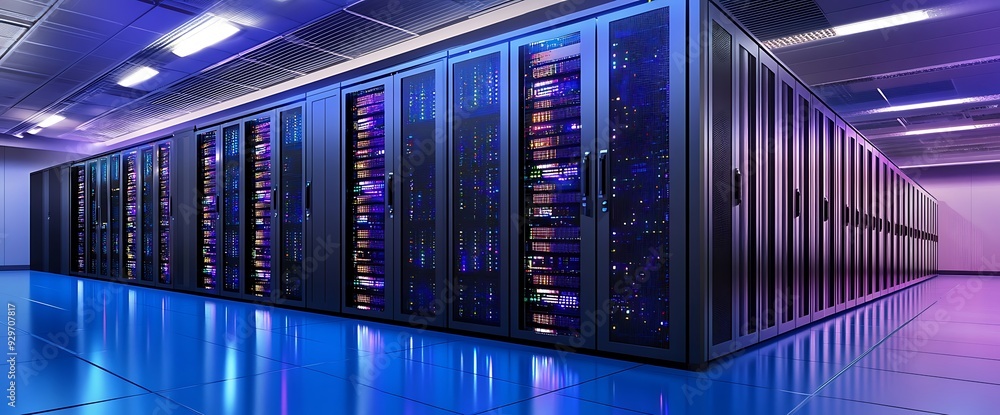 Modern server room with rows of illuminated servers and a blue tiled ...