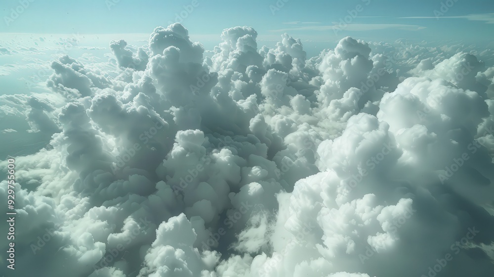 Visualize an aerial perspective of pileus clouds, forming like caps ...
