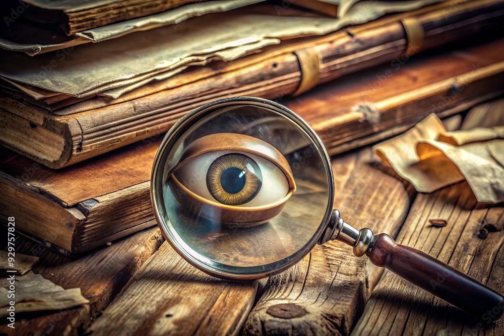 A vintage magnifying glass lens forms a pair of eyes, gazing intensely ...