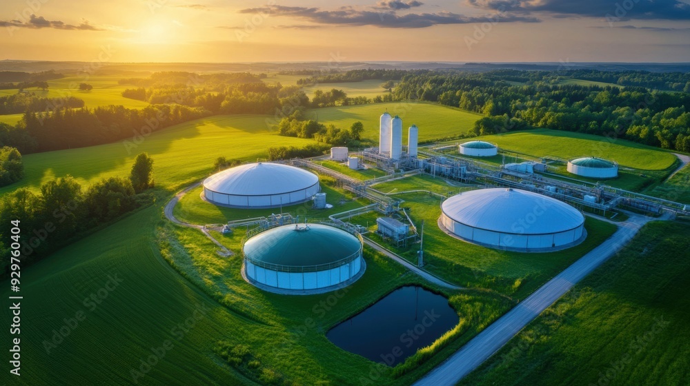 A rural landscape featuring methane gas production and biogas plants ...