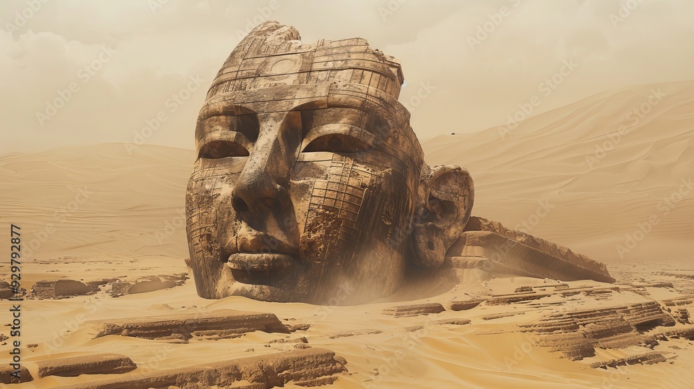 colossal statue of an ancient king's head partially buried in desert ...