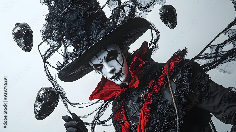 Gothic ringmaster, contorted whip and floating Halloween masks, dark ...