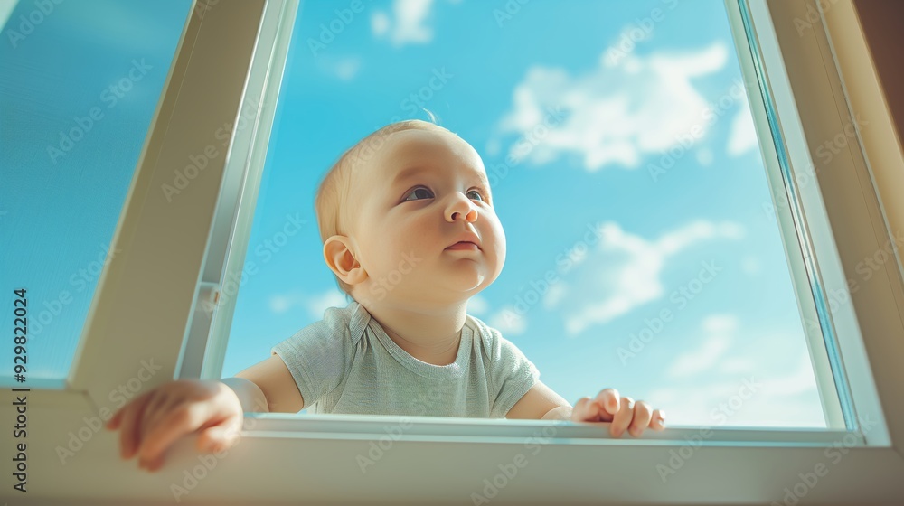 adorable baby looking out window at blue sky with white clouds outside ...