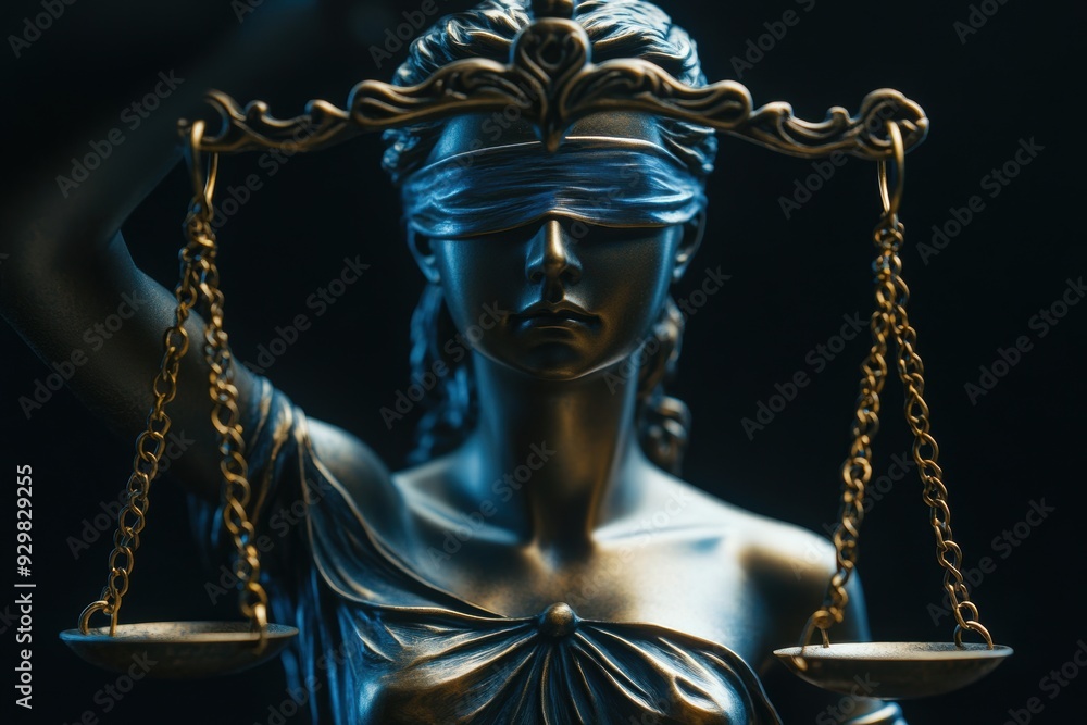Blindfolded Lady Justice embracing scales and broken shackles ...