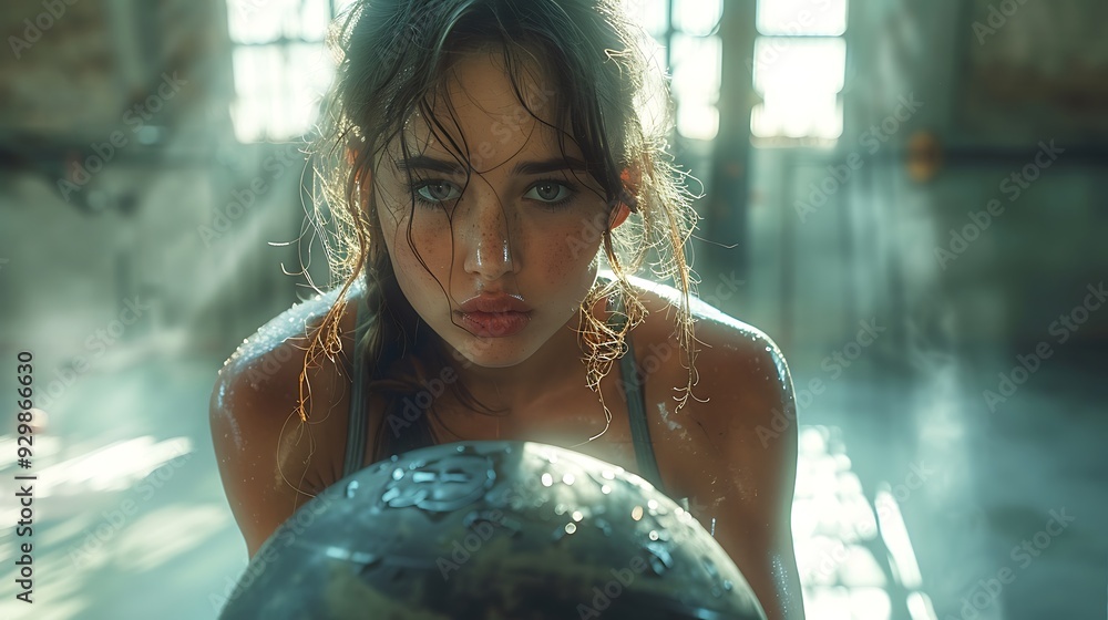 An intense workout scene featuring a woman slamming a medicine ball ...