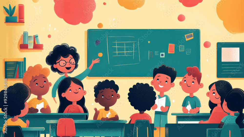 Cartoon-style image of kids with different skin tones in a lively ...