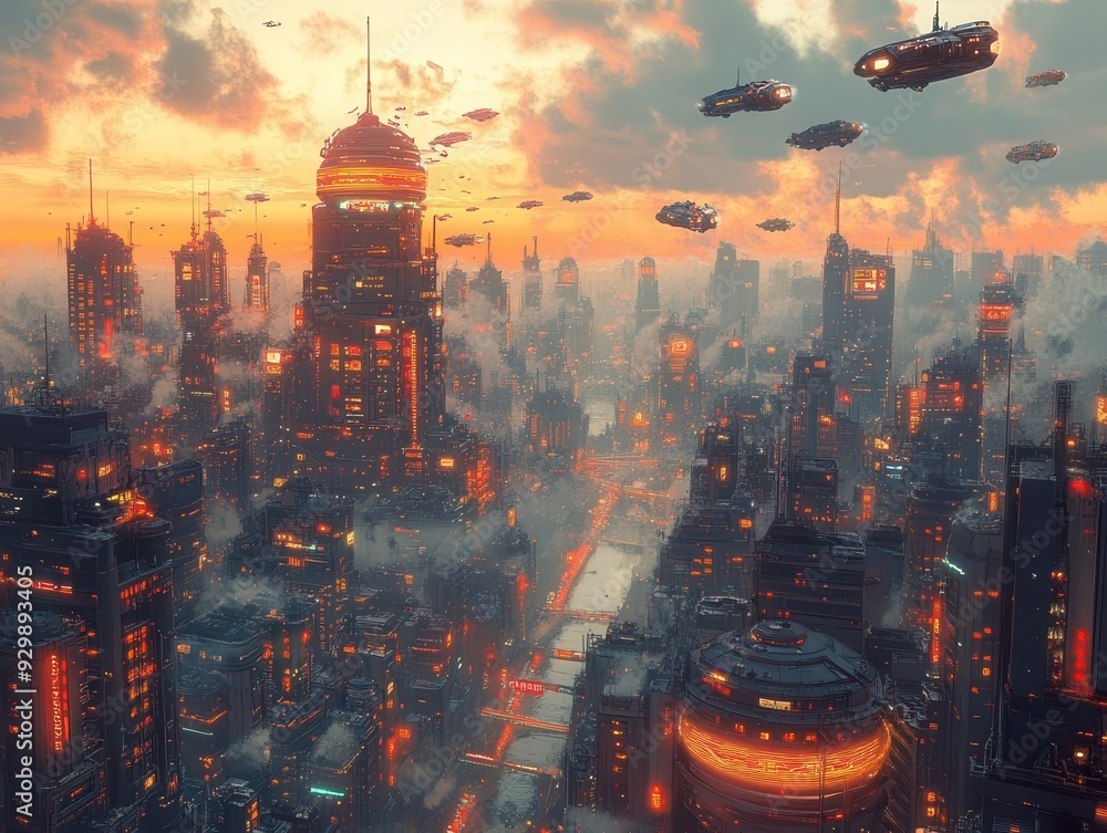 futuristic metropolis soaring neonlit skyscrapers and flying vehicles ...