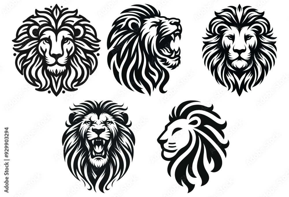 Tribal lion head illustrations set black and white vector, tattoo ...