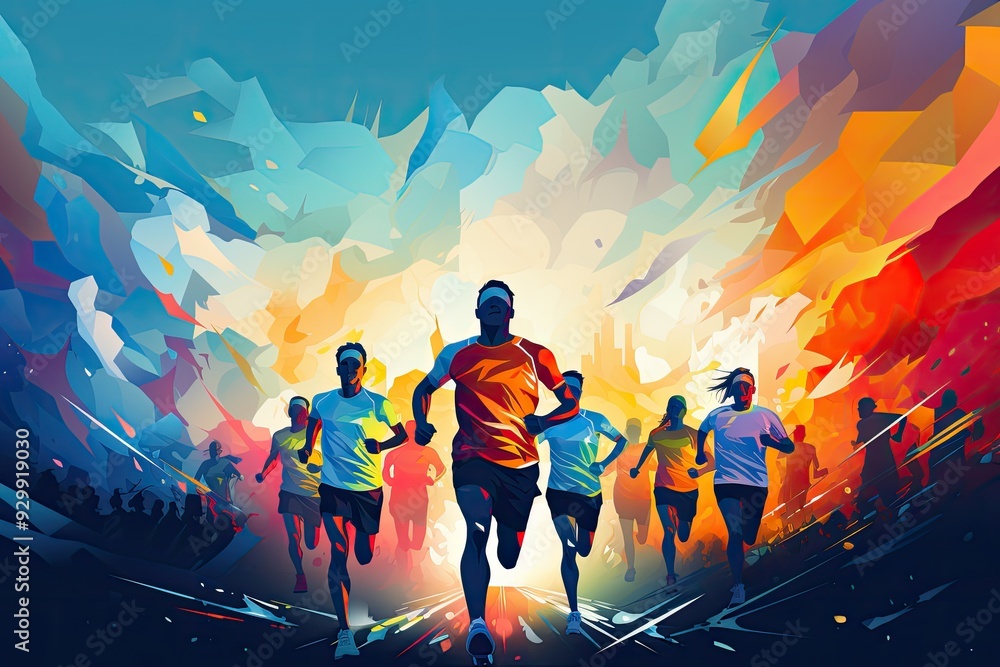 Advertising of marathon poster illustrated with a group of runners in ...