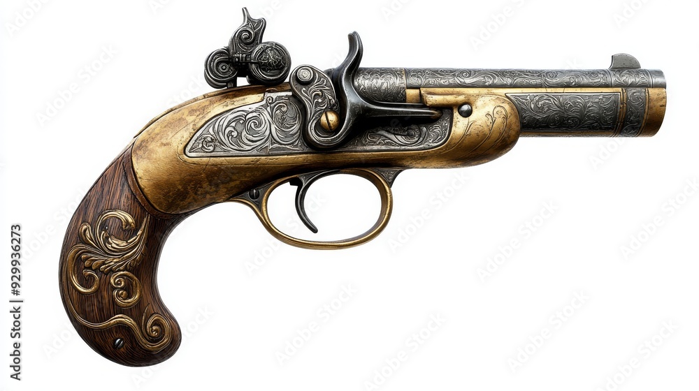Pirate flintlock pistol, old pirate gun weapon, isolated on a transparent background, cutout PNG ...