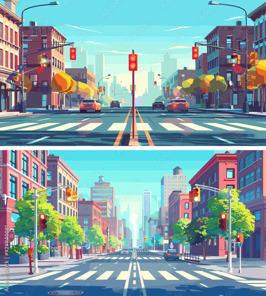 Road city street cartoon vector scenes. Crossroads buildings cars ...
