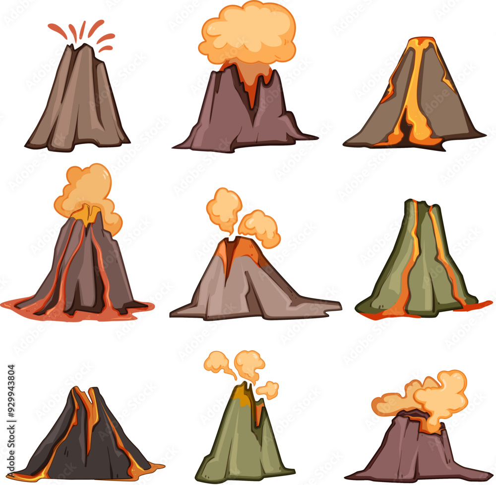 volcano eruption set cartoon. lava ash, pyroclastic caldera, tectonic ...