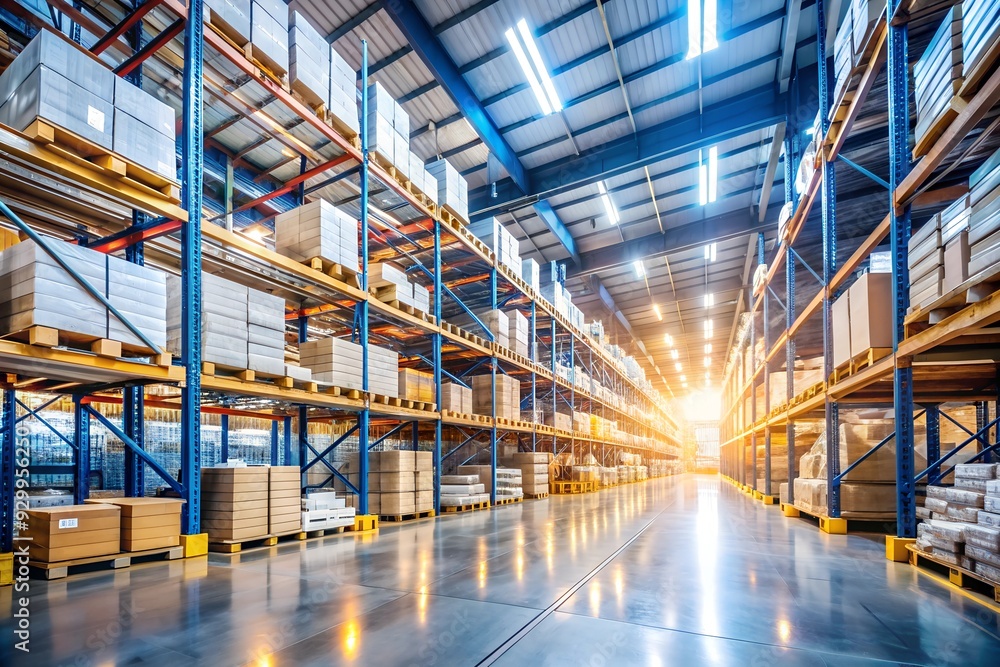 Blur background of large modern warehouse interior with goods ...