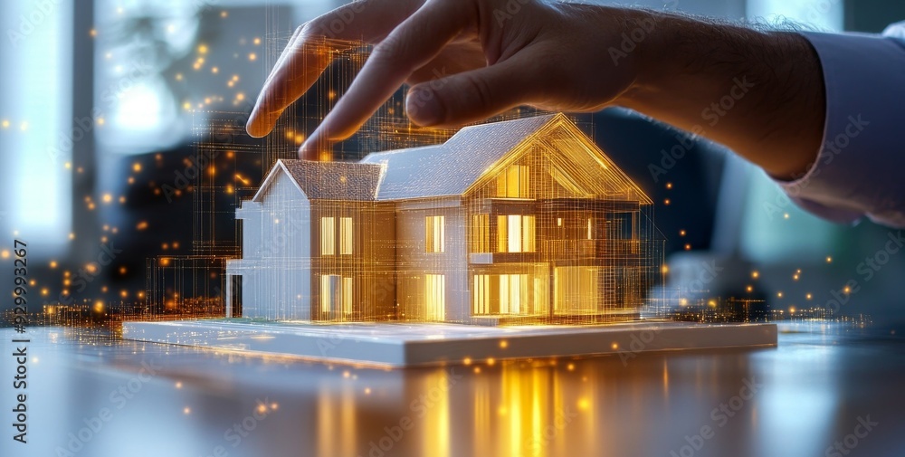 Real estate agent’s hand interacting with a glowing holographic model ...
