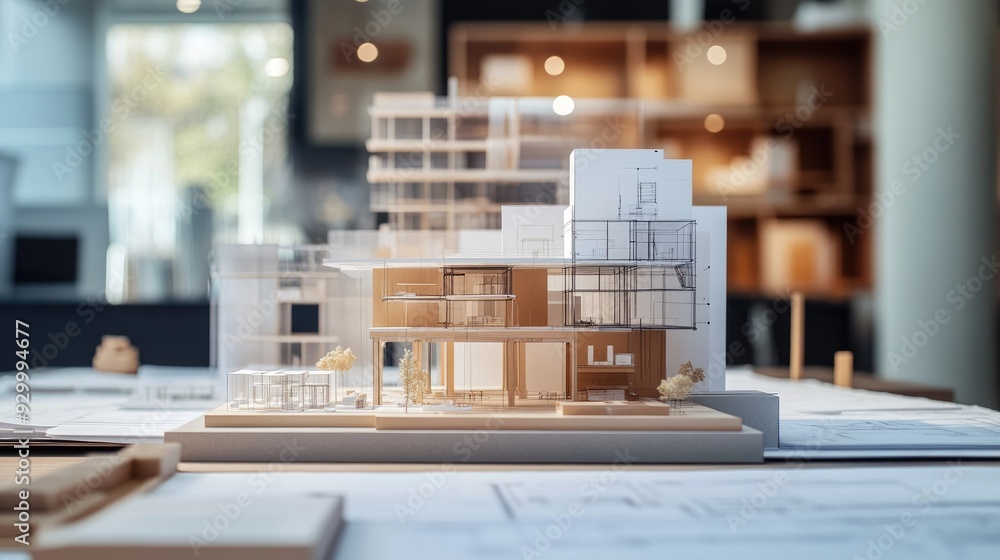 An architectural model on display, surrounded by blueprints, as designs ...