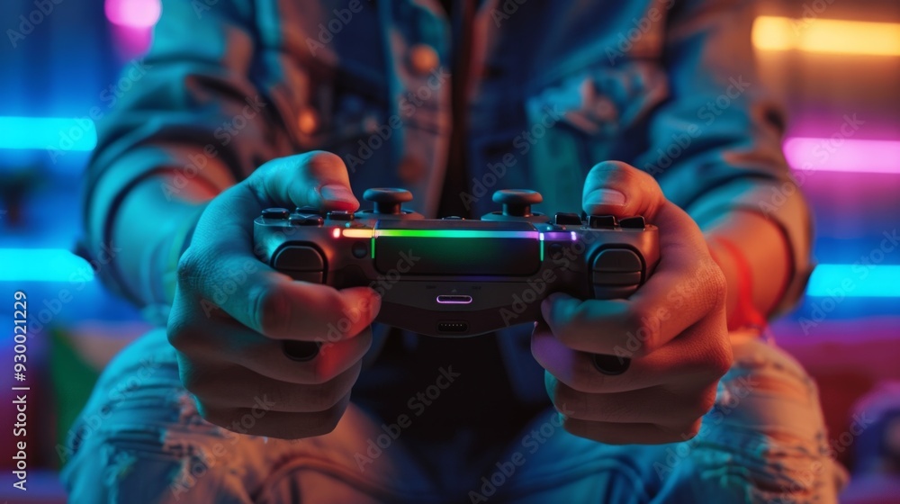 Happy gamer playing video games with a rainbow flag in the background ...