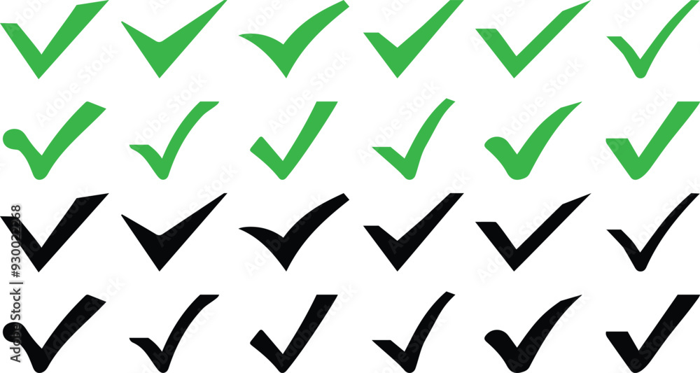 Green check mark icon set, circle, Tick symbol in green color. Hand ...