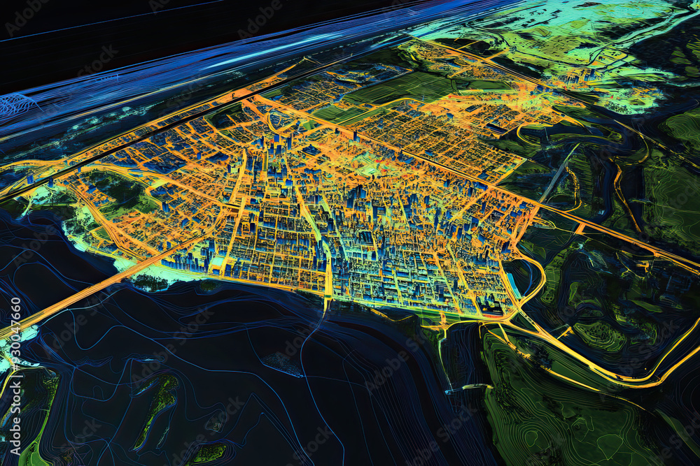 Stock-Illustration „Technical aerial visual, 3D LiDAR GIS aerial map ...