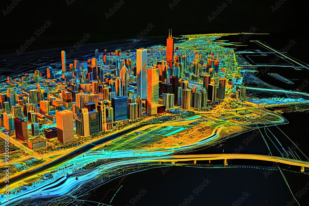 Technical aerial visual, 3D LiDAR GIS aerial map satellite scan model ...