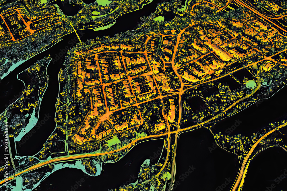 Technical aerial visual, 3D LiDAR GIS aerial map satellite scan model ...