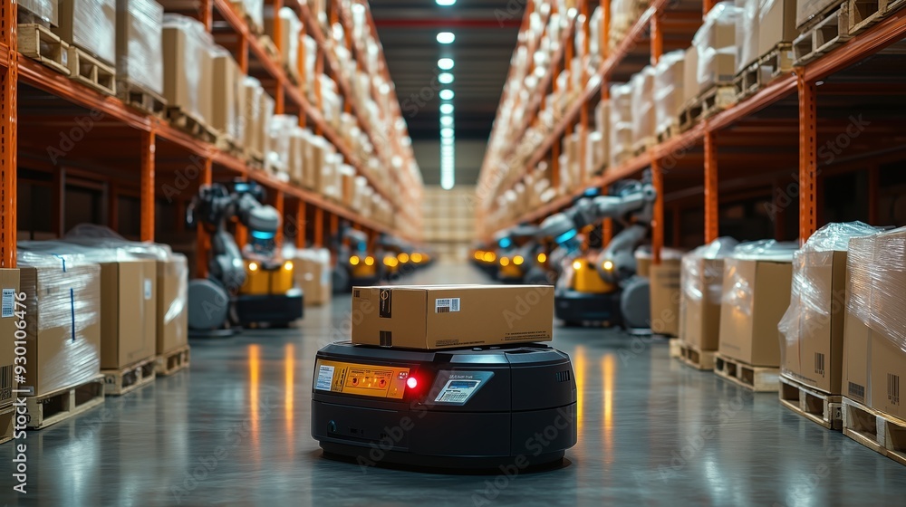 Autonomous mobile robot (AMR) transporting a package in a warehouse, emphasizing the role of ...