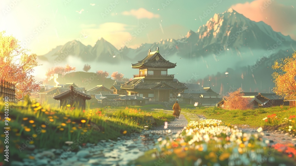 Design a 3D scene of a samurai returning home after battle, with a ...