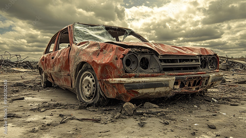 Wrecked Car in Dramatic Setting for Text - Symbol of Destruction in ...