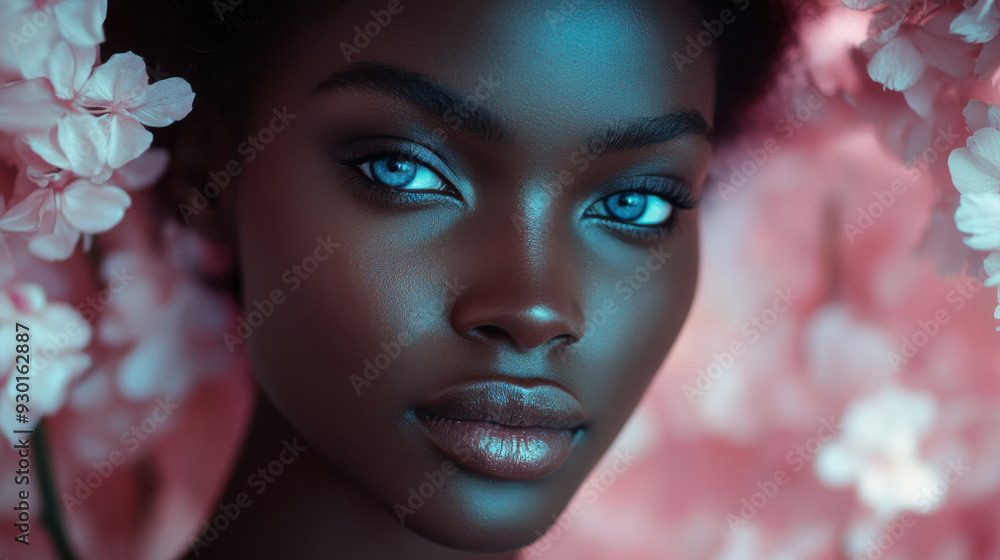 40-year-old black woman with deep black skin and blue eyes in a hyper ...
